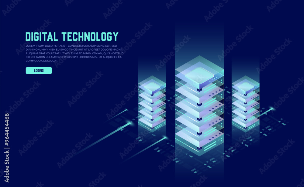 Big Data Processing in Future Data Centers: Isometric Vector Illustration of Server Room Racks ...