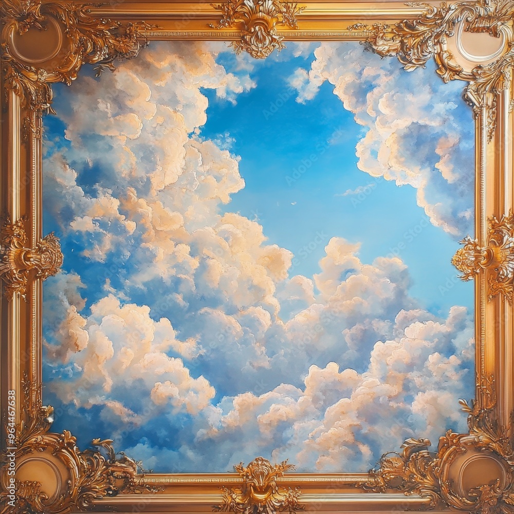Ethereal Sky Mural: Dramatic Blue Heavens with Baroque-Inspired Frame ...