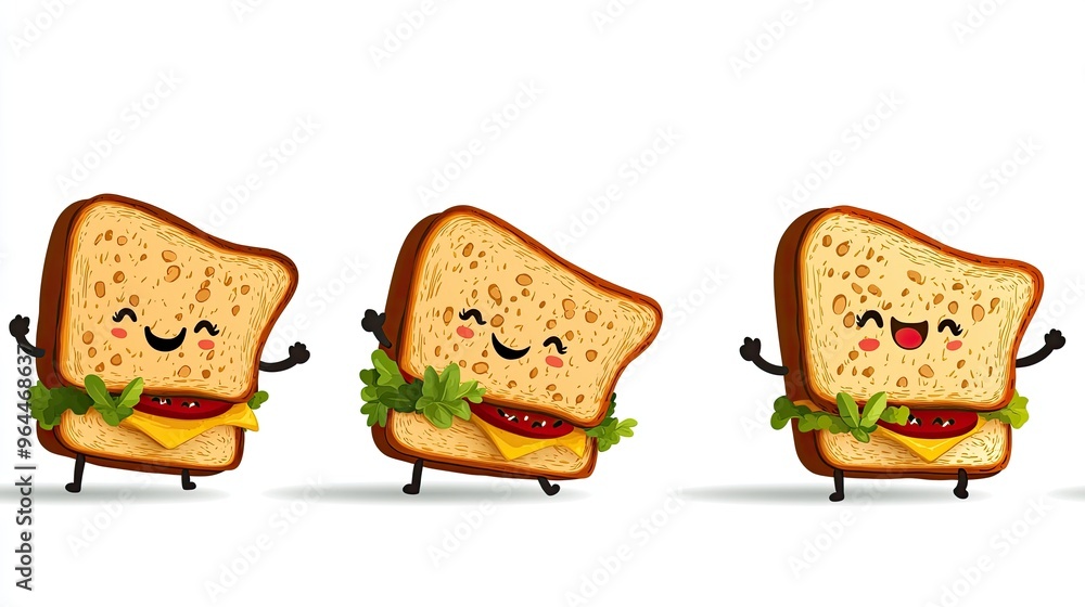 Playful cartoon sandwiches with happy faces and fresh ingredients ...