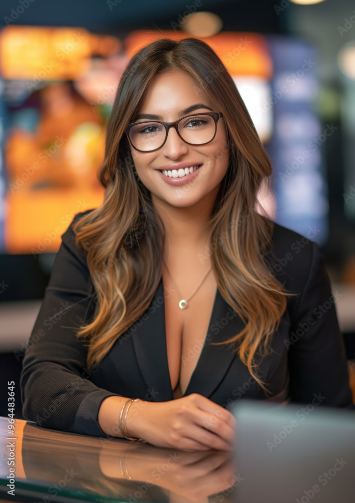 Busty brunette Latina woman sits at a desk in a TV news studio. Female ...