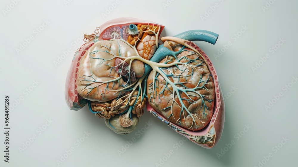 Detailed anatomical model showcasing the human liver with internal ...