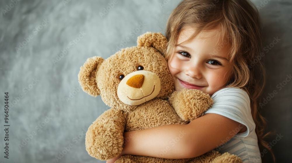 Стоковое фото «A child hugging a favorite stuffed animal or toy tightly ...