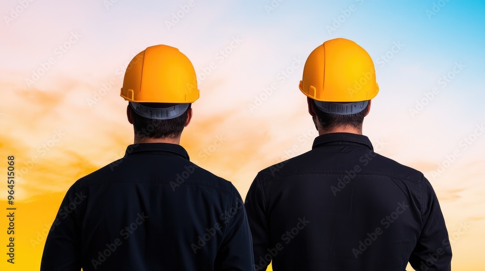 Two construction workers with yellow hard hats observing a vibrant ...