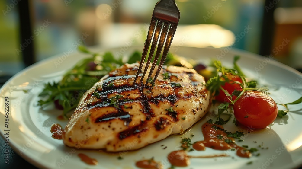 Fork piercing through a grilled chicken breast on a clean white plate ...