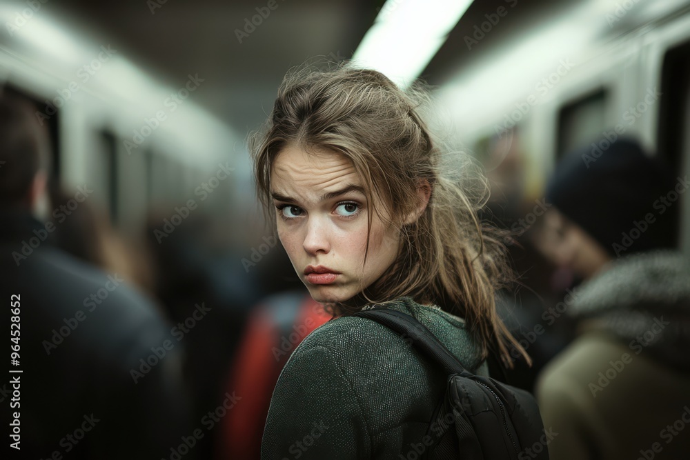 Young Woman with Backpack in a Crowded Subway Train, Expressive Look ...