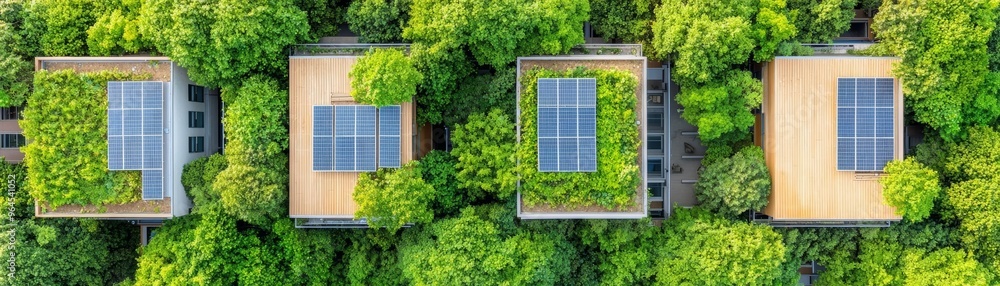 Aerial view of a mixed-use development with extensive green roofs and ...