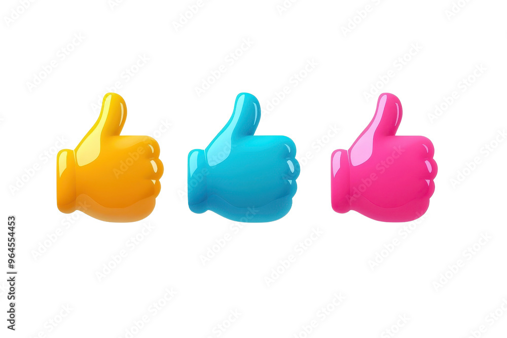 Colorful thumbs up icons in yellow, blue, and pink on a transparent ...