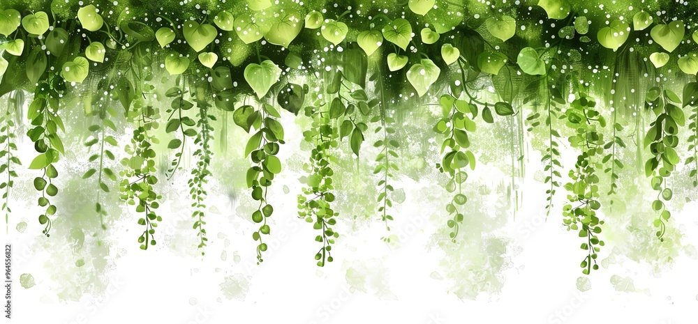 Green vines hanging down on a white background, with a soft, blurry ...