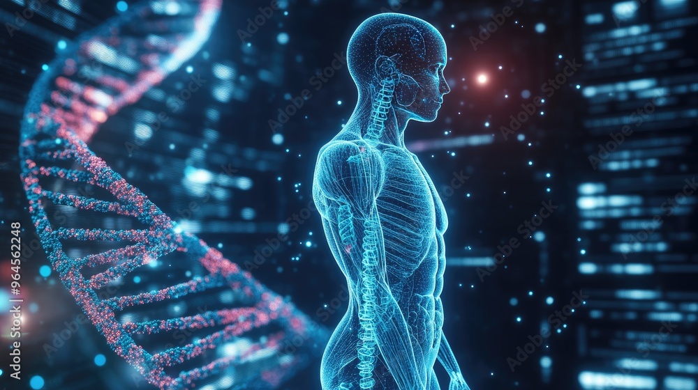 Digital anatomy of the human body, featuring a 3D model with visible ...