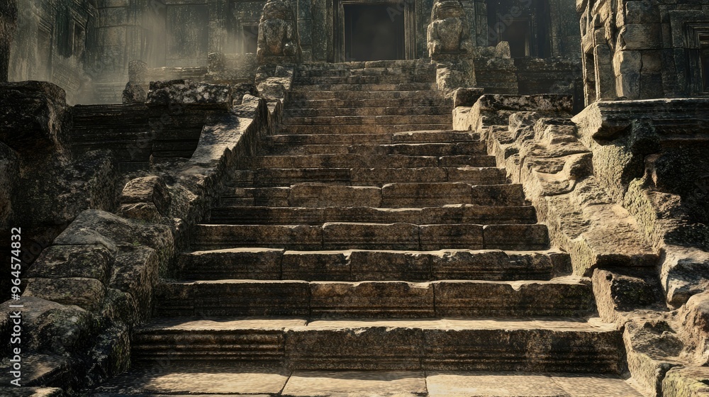 The ancient stone steps leading up to the central tower of Angkor Wat ...
