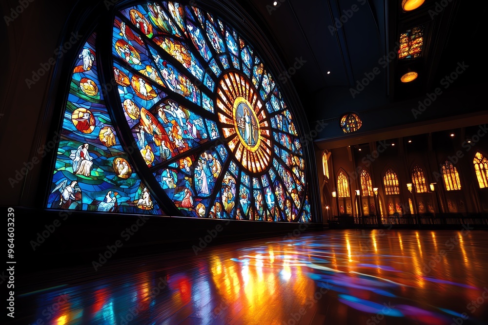 Stained glass window, telling the story of creation, vibrant and ...