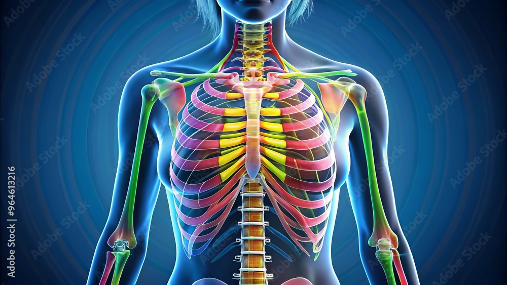 anatomy of woman's rib cage with labels and color-coded regions Stock ...