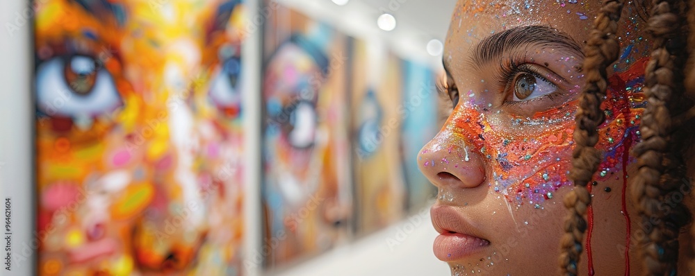 An artist exhibiting their paintings at a gallery opening, face proud ...