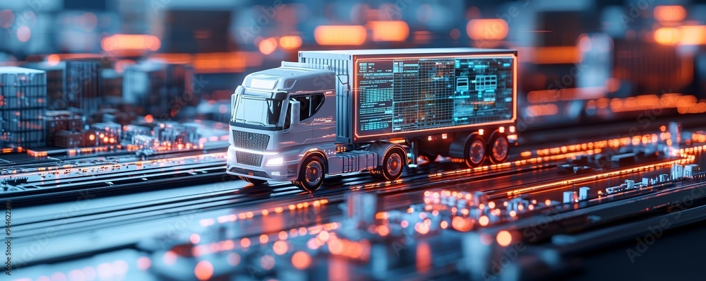 Digital logistics network with a cargo truck, holographic data overlays ...