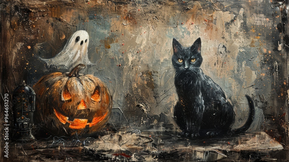 spooky still-life for All Hallows' Eve with a black cat, a floating ...