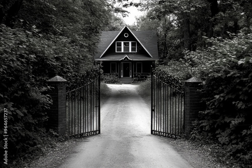 Spooky house hidden behind thick trees with an old iron gate blocking ...
