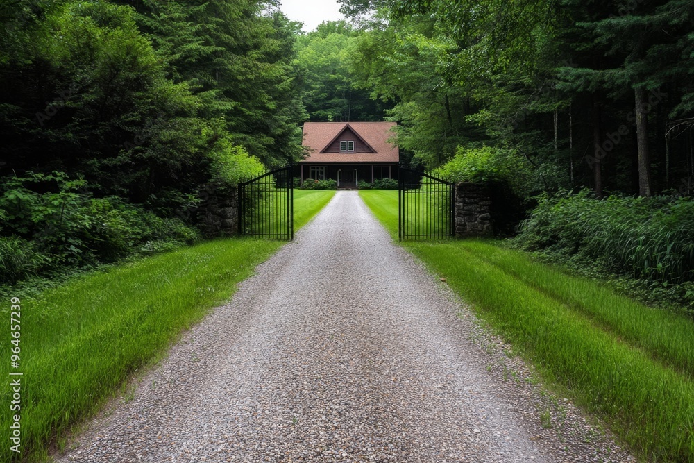 Spooky house hidden behind thick trees with an old iron gate blocking ...