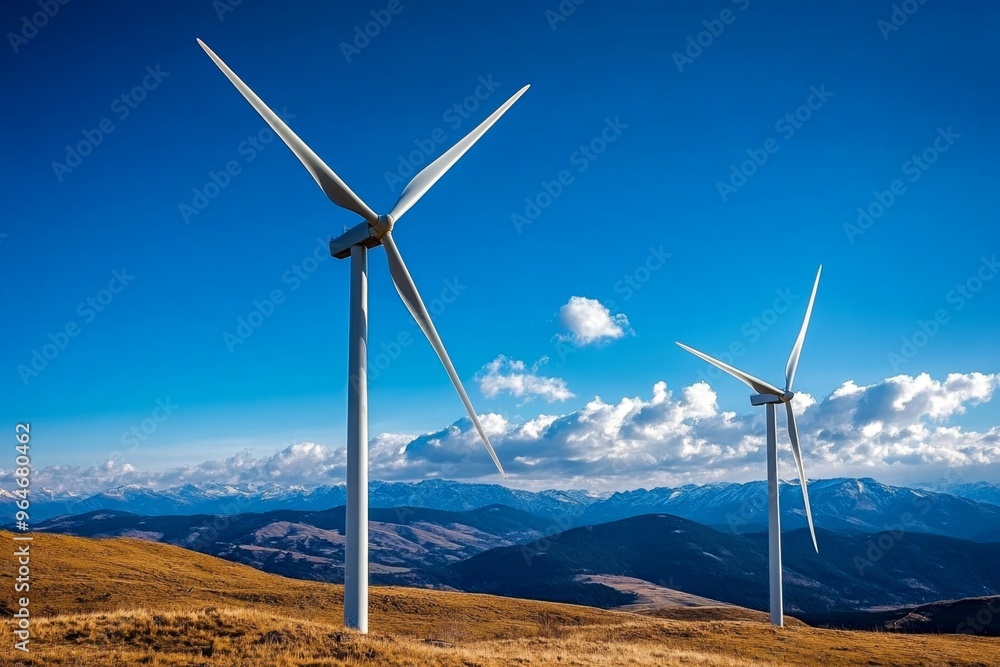 Wind turbine engine harnessing gusts on a breezy hilltop, turning ...