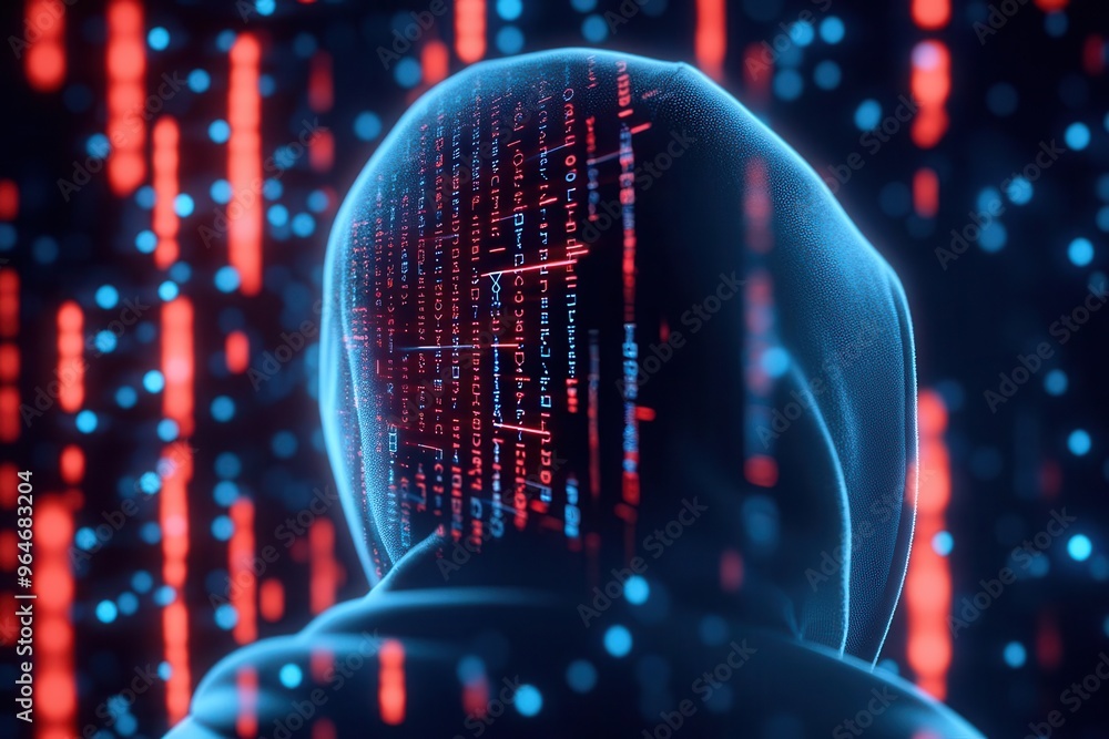 Hacker wearing a hoodie surrounded by digital code, with a dark web ...