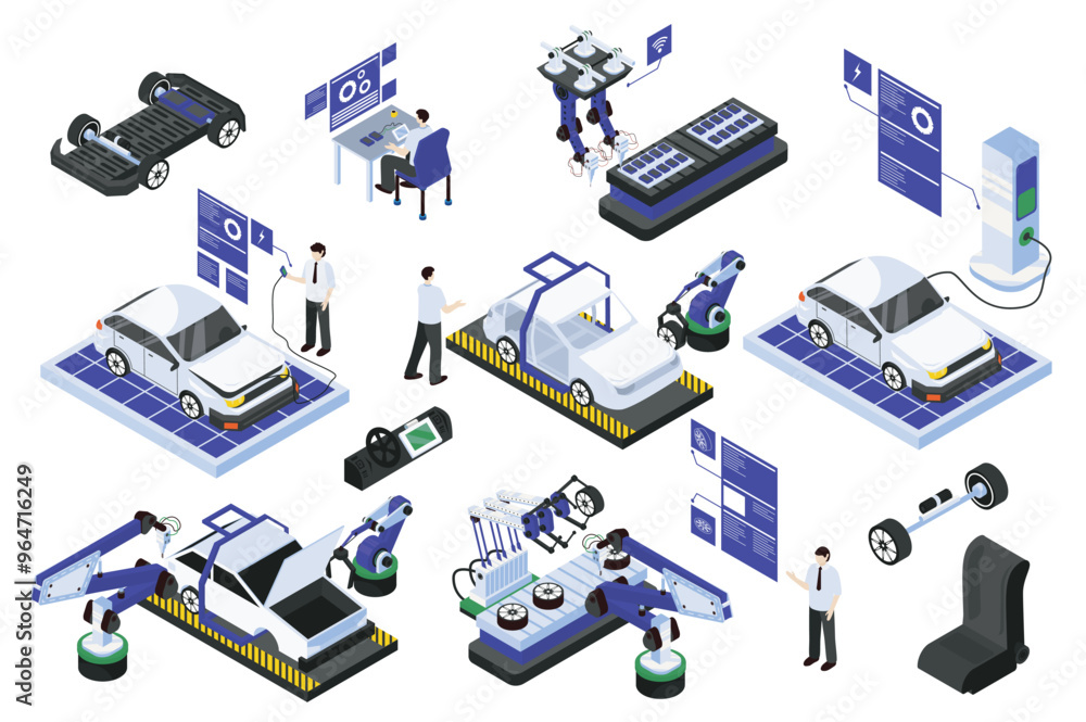 Electric vehicles production 3d isometric mega set in isometry graphic ...