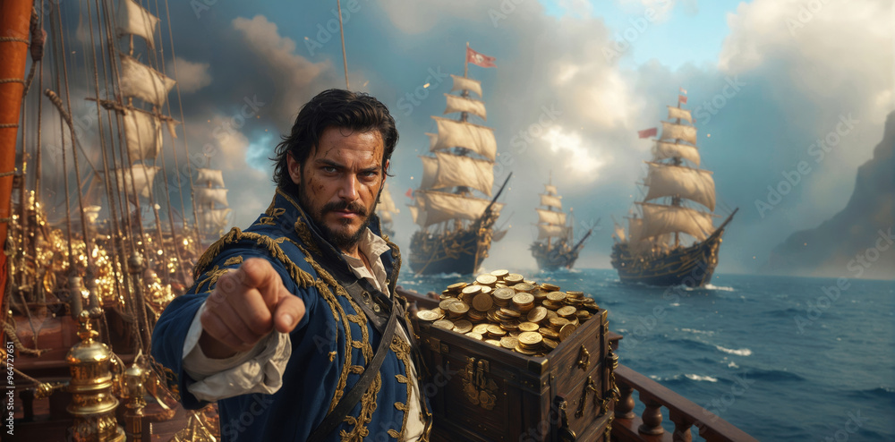 Pirate in his captain quarters aboard his pirate ship with a treasure ...