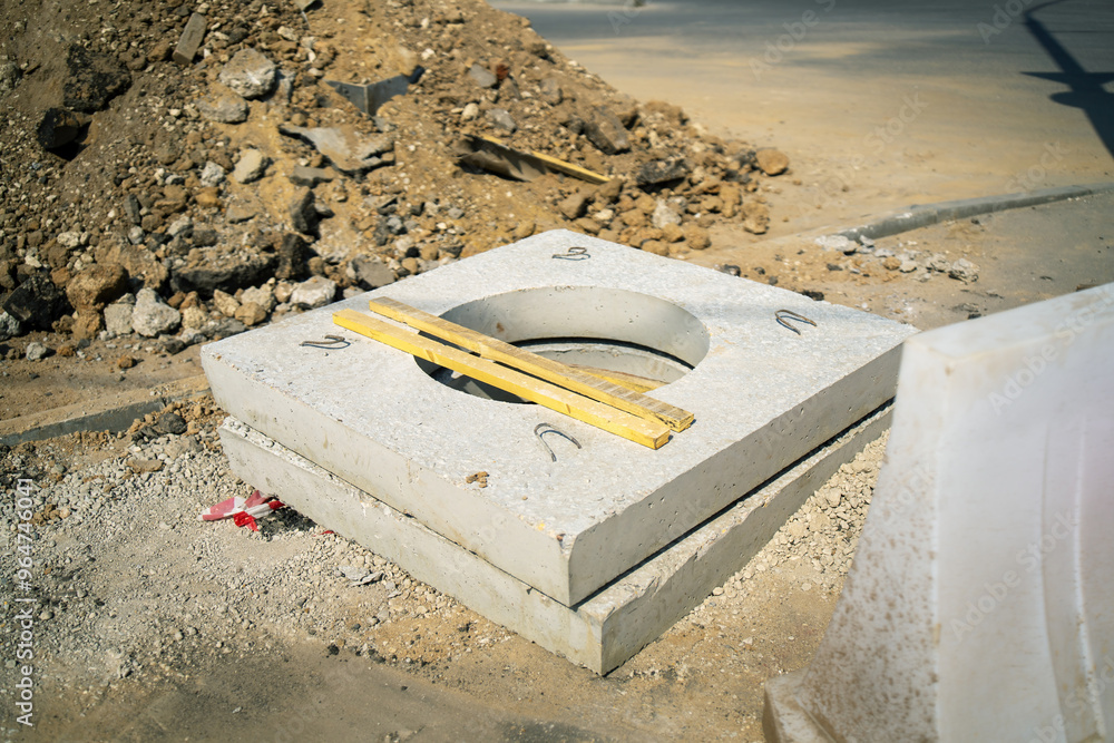 concrete slab features a central circular opening designed for ...