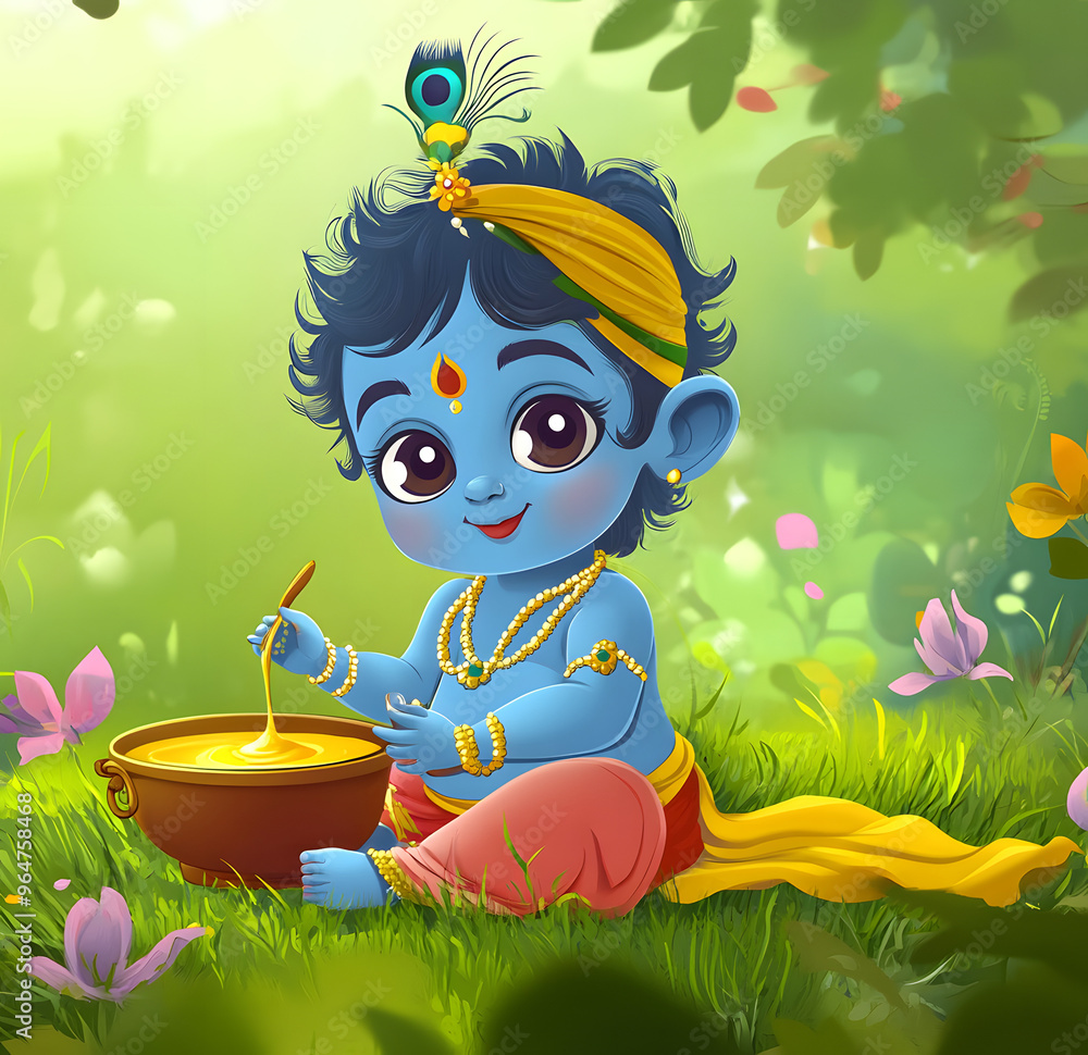 Cute cartoon wallpaper of baby Lord Krishna, playing with a pot of ...