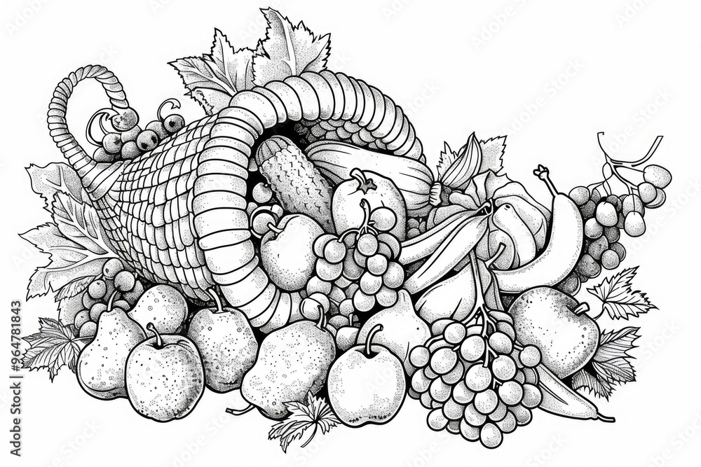 Coloring book illustration of a Cornucopia brimming with Fruits and ...