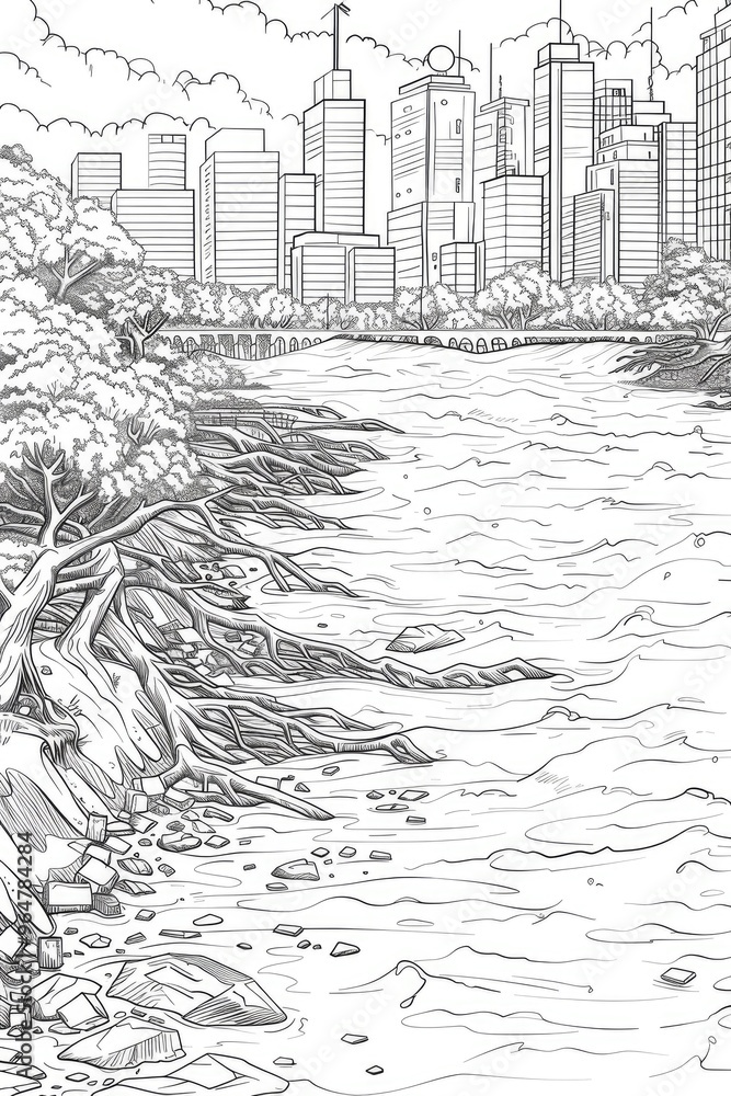 Coloring book illustration of a city experiencing severe flooding by a ...
