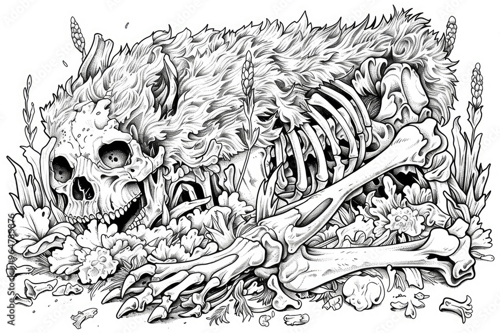 Coloring book illustration of a Decomposing Animal Remains with Fur and ...