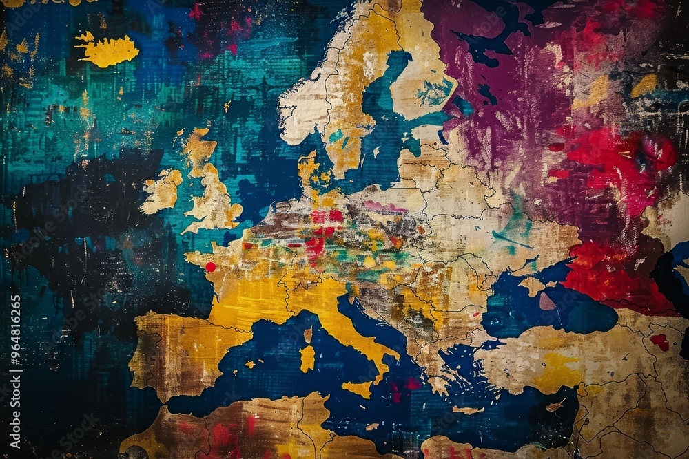 A vibrant representation of a map showcasing Europe, displaying various ...