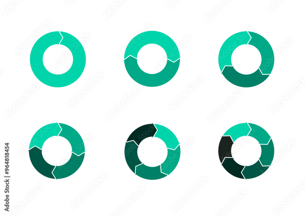 Set of circular chart diagrams. Circles arrow cut separated on1,2,3, 4 ...