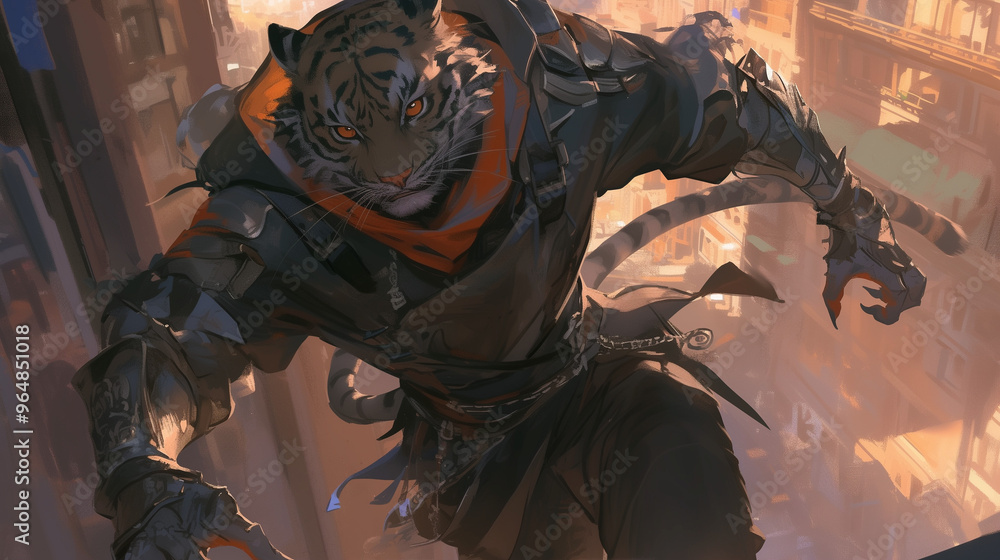 tiger beastfolk warrior leaping between buildings in a high-intensity ...