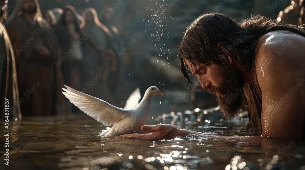 Divine affirmation: baptism of Jesus Christ by John in Jordan River ...