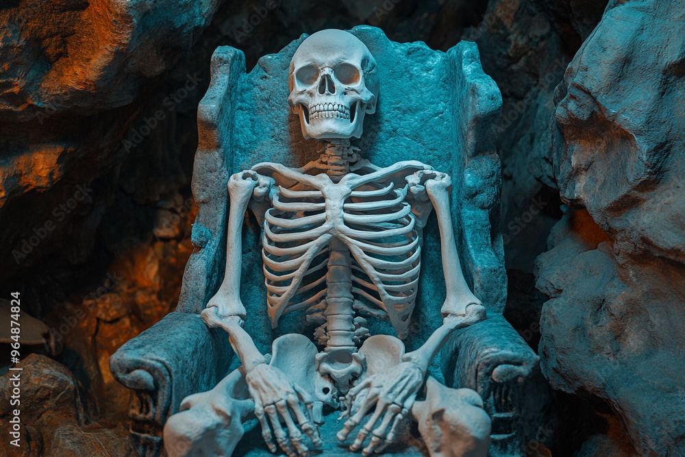 Skeleton Sitting on a Throne Made of Bones in a Dark Cave for a ...