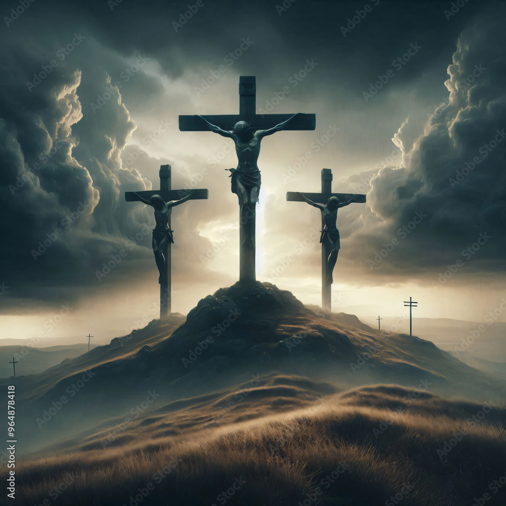 Jesus Christ dying on crucifix at Golgotha or Calvary, outside ...