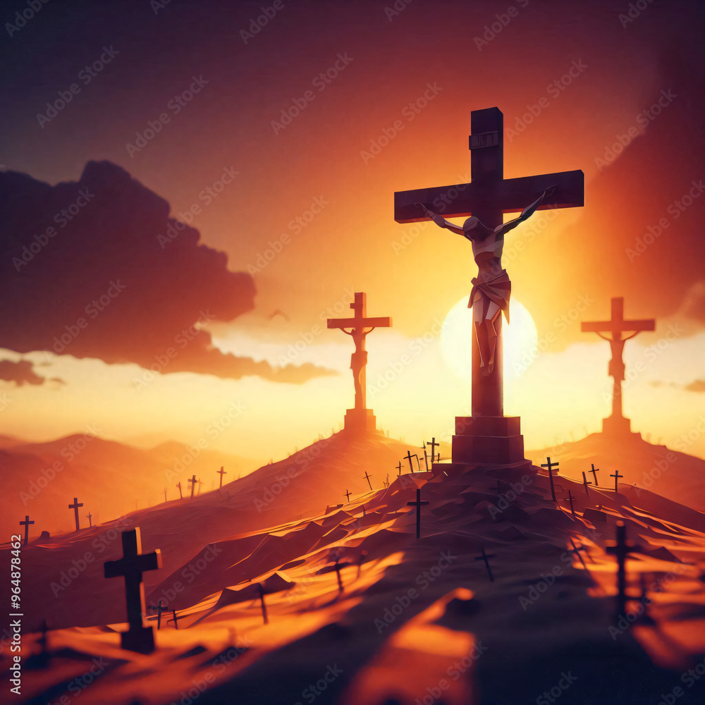 Jesus Christ dying on crucifix at Golgotha or Calvary, outside ...