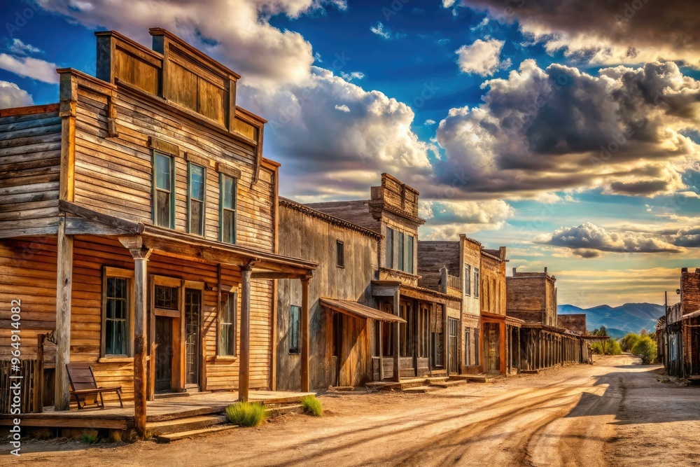 Weathered wooden buildings and crumbling saloons line a dusty, sun ...