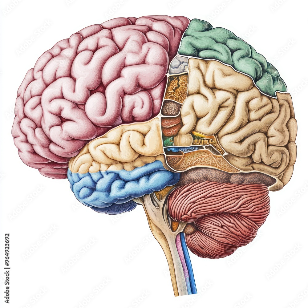 A comprehensive educational diagram showing the brain from a side view ...