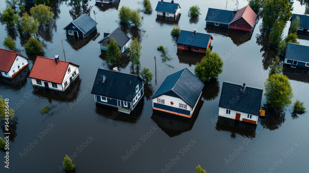 Flooded houses surrounded by water and greenery depict small community ...