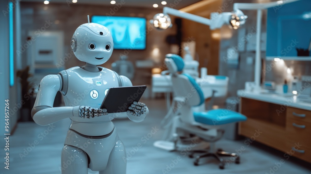 A humanoid robot works in a modern dental clinic, holding a tablet with ...