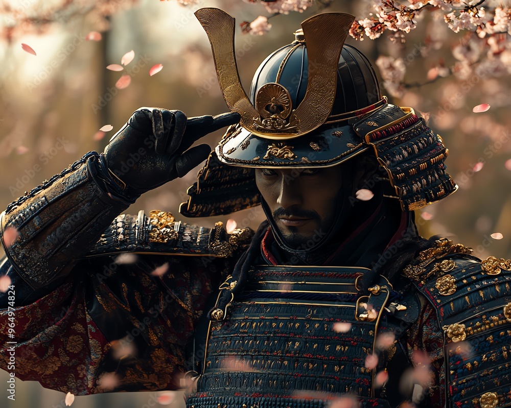 Samurai in traditional armor, giving a twofinger salute, standing in a ...
