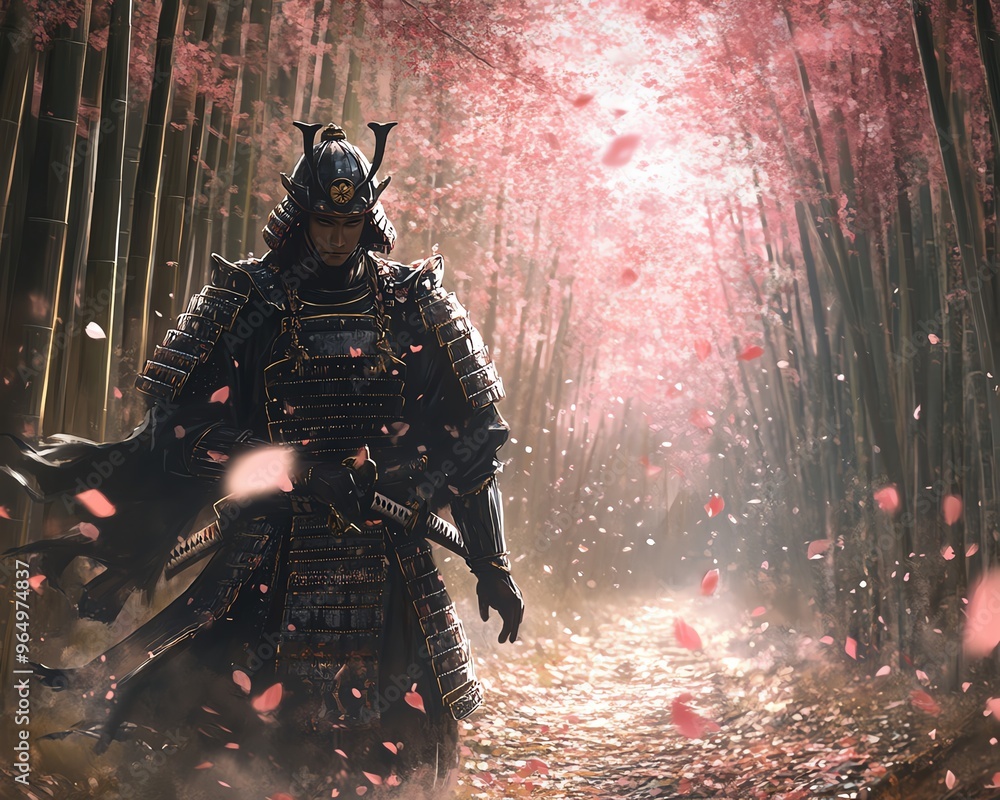 Samurai in traditional armor, giving a twofinger salute, standing in a ...