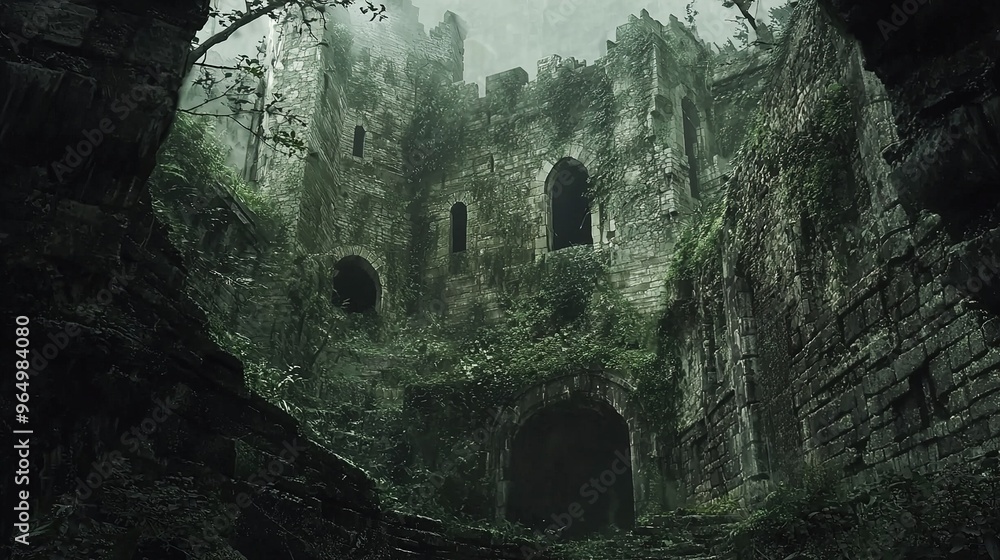 An ancient, abandoned stone castle nestled deep within a dense forest ...