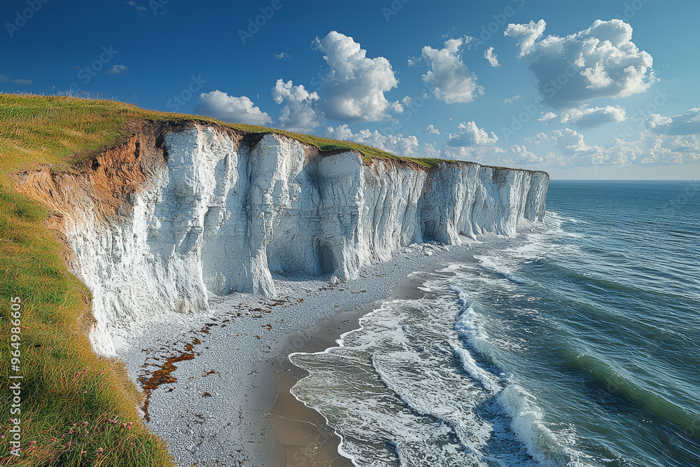 A coastal cliff eroding into the sea, showing the effects of increased ...