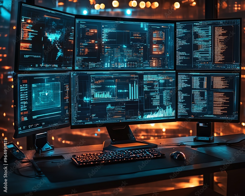 Futuristic hacking console with multiple screens showing realtime data ...