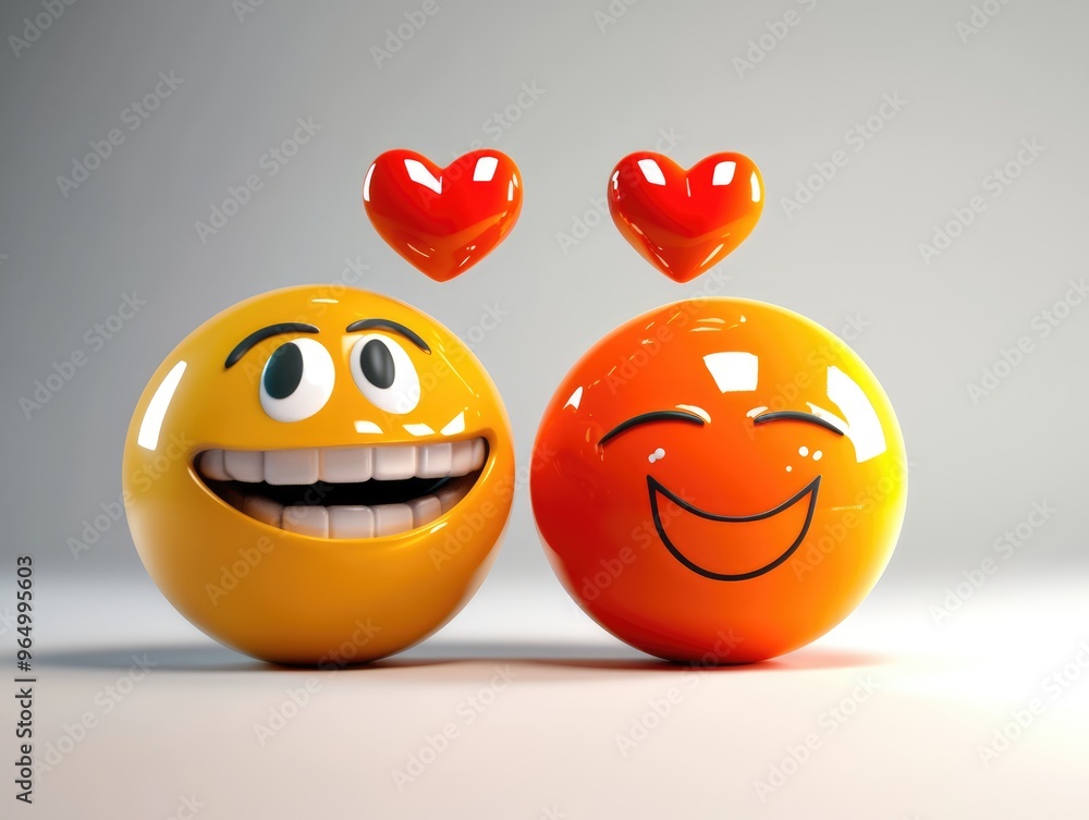 Bright and glossy 3D emoji with happy expressions and floating hearts ...