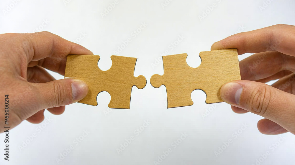 Two hands hold individual jigsaw puzzle pieces, symbolizing teamwork ...
