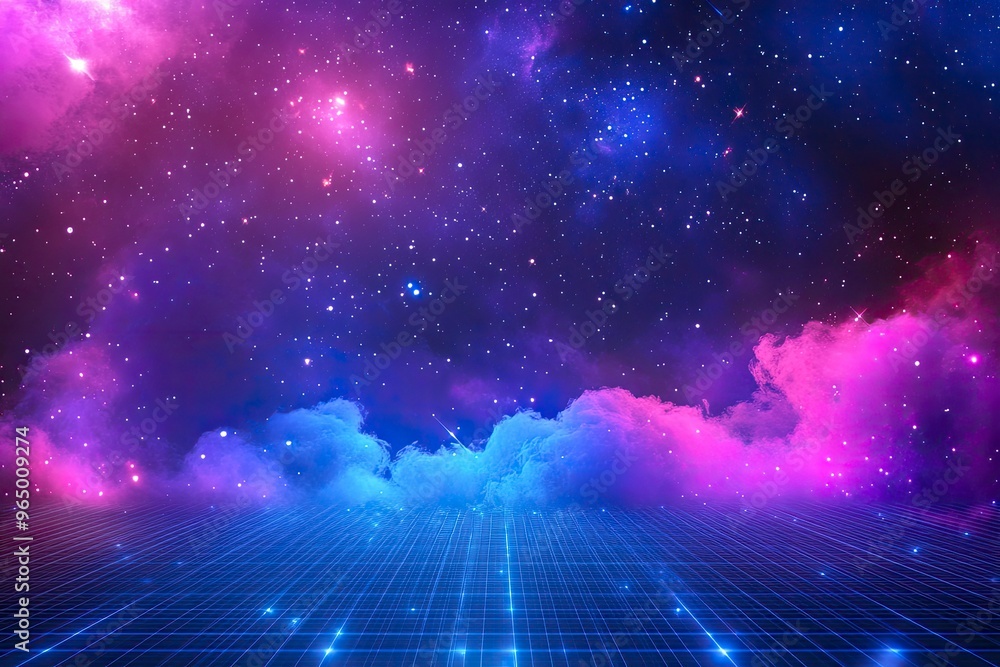 Synthwave vaporwave retrowave cyber background with copy space, laser grid, starry sky, blue and ...