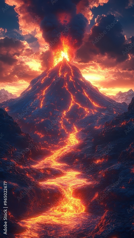 Volcano lava in stylized 3D style with bold forms and vivid colors ...